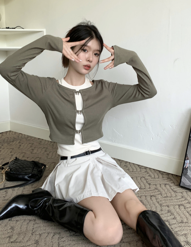 하프닌 투피스set 트임 버클 레이어드 슬림핏 크롭 티셔츠 새미 셋업