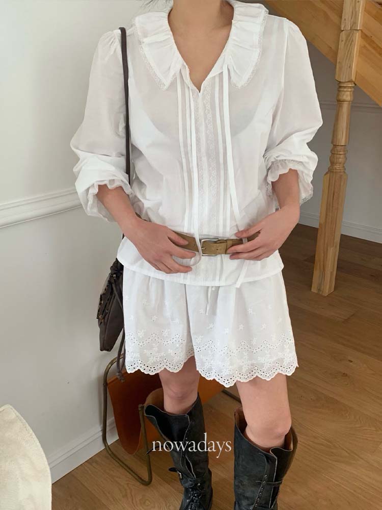 나우어데이즈 아미먼트 소피 블라우스 코튼 긴팔 셔링 프릴 스트링 bl (2col)