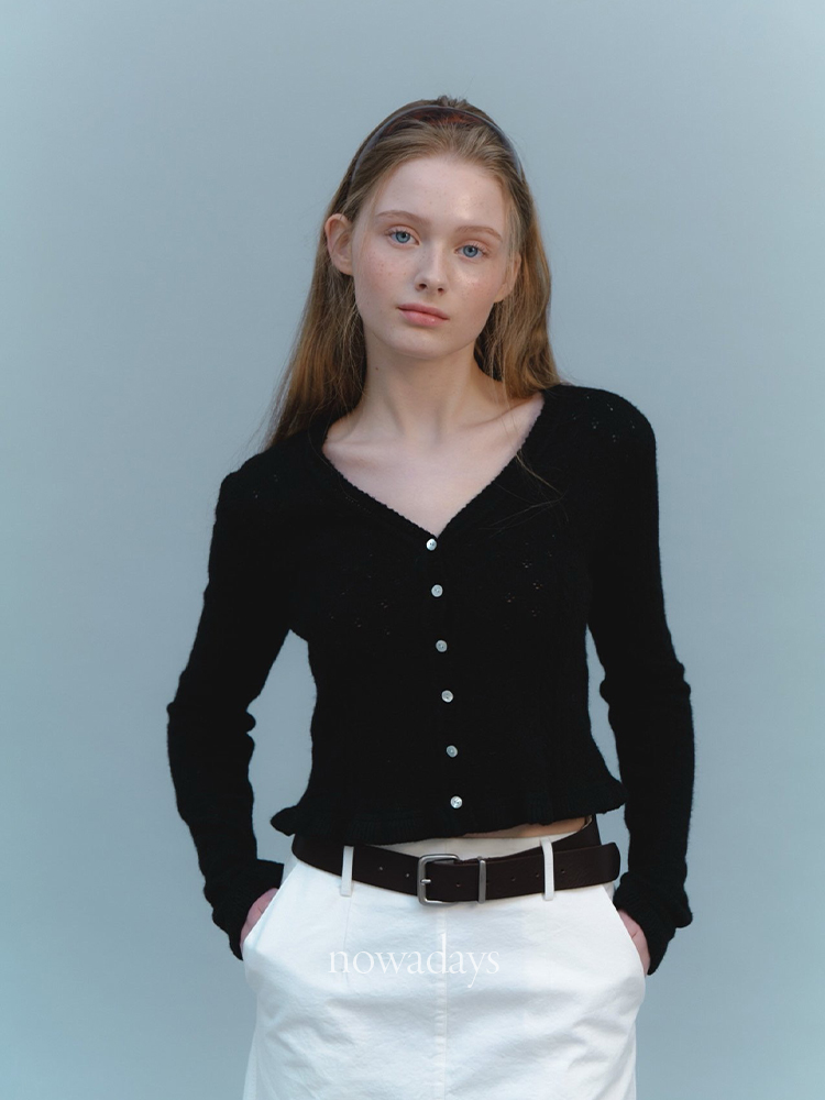 나우어데이즈 forest 포레스트 피오니 가디건 긴팔 브이넥 아일렛 펀칭 크롭 니트 cd (3col)