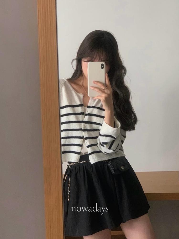 나우어데이즈 liter 리터 슬로우 스트라이프 가디건 부클 긴팔 라운드 단가라 니트 cd (2col)