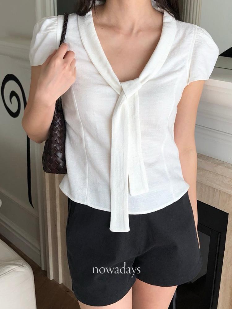 나우어데이즈 founders 파운더스 로제나 블라우스 코튼 린넨 캡소매 타이 크롭 bl (2col)