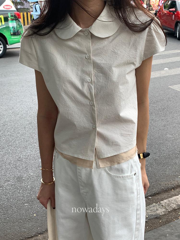 나우어데이즈 underson 언더슨 크리즈 블라우스 코튼 카라 캡소매 레이어드 크롭 bl (2col)