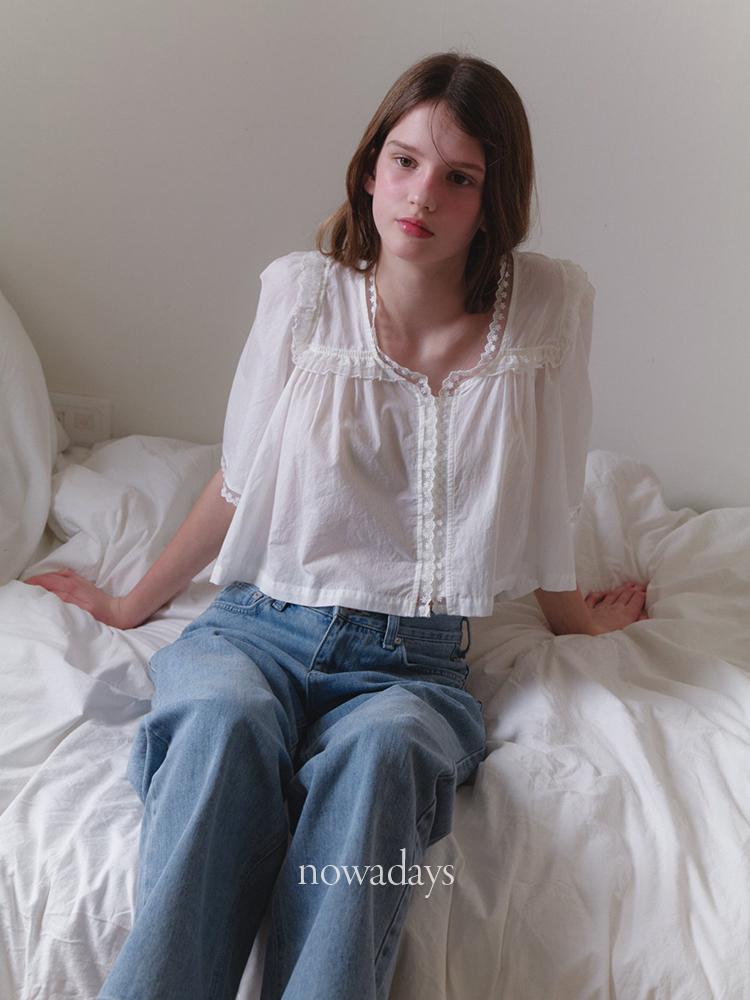 나우어데이즈 forest 포레스트 엔젤 블라우스 셔링 반팔 레이스 크롭 bl (3col)