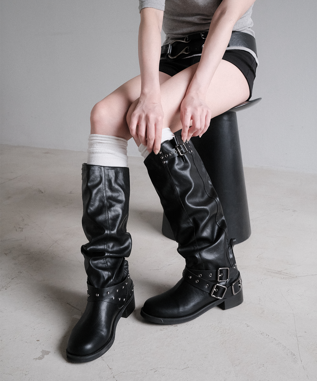 에프터나인티스 [4.5cm ]바이커 버클 셔링 롱부츠 4.5cm - 2 color