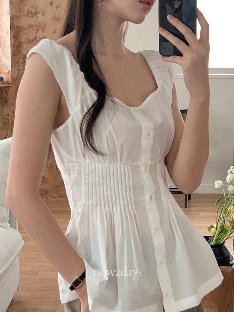 나우어데이즈 베르가못 오브 블라우스 썸머 코튼 스퀘어넥 핀턱 셔링 bl (2col)