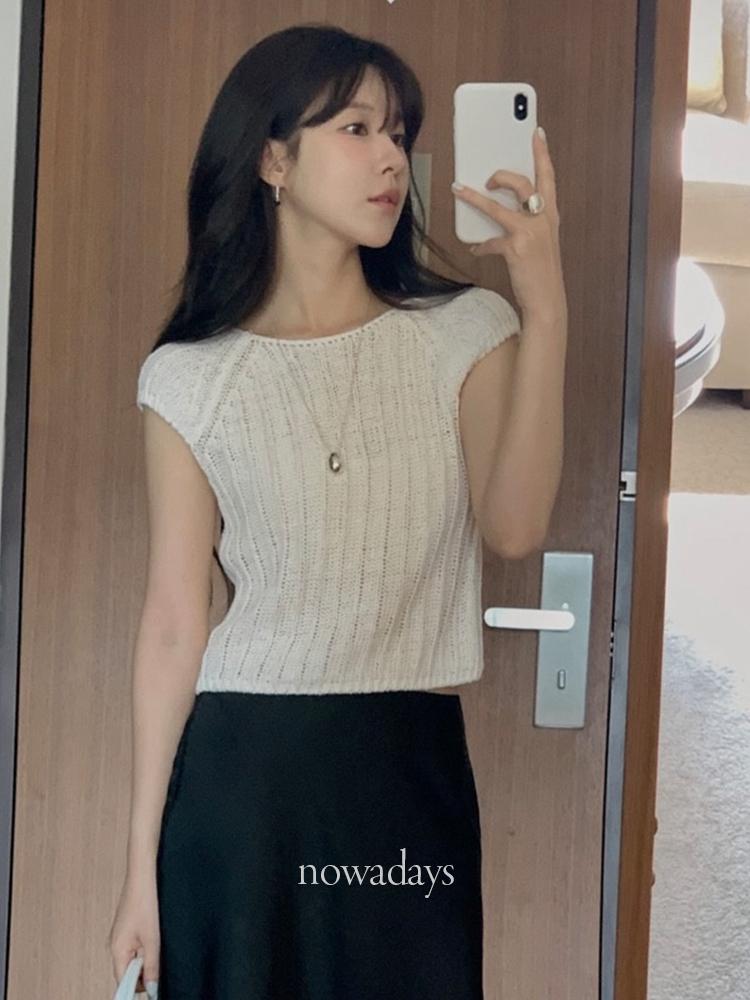 나우어데이즈 miel 미엘 오프 니트 썸머 코튼 린넨 캡소매 보트넥 크롭 nt (3col)