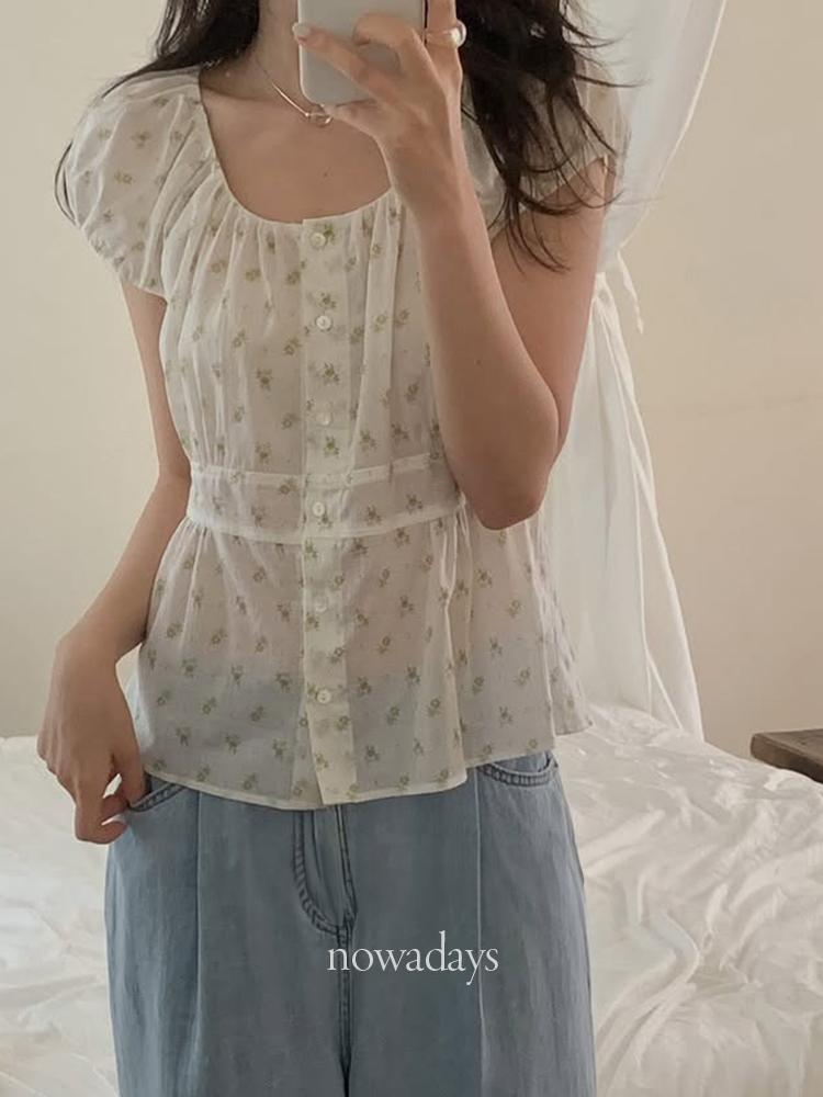 나우어데이즈 miel 미엘 엠버 블라우스 썸머 코튼 캡소매 유넥 플라워 셔링 bl (2col)