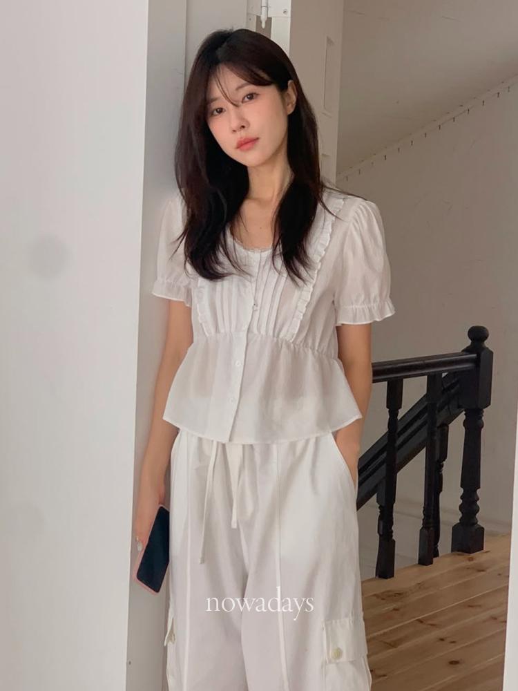 나우어데이즈 miel 미엘 쎄씨 블라우스 썸머 코튼 반팔 핀턱 프릴 bl (2col)