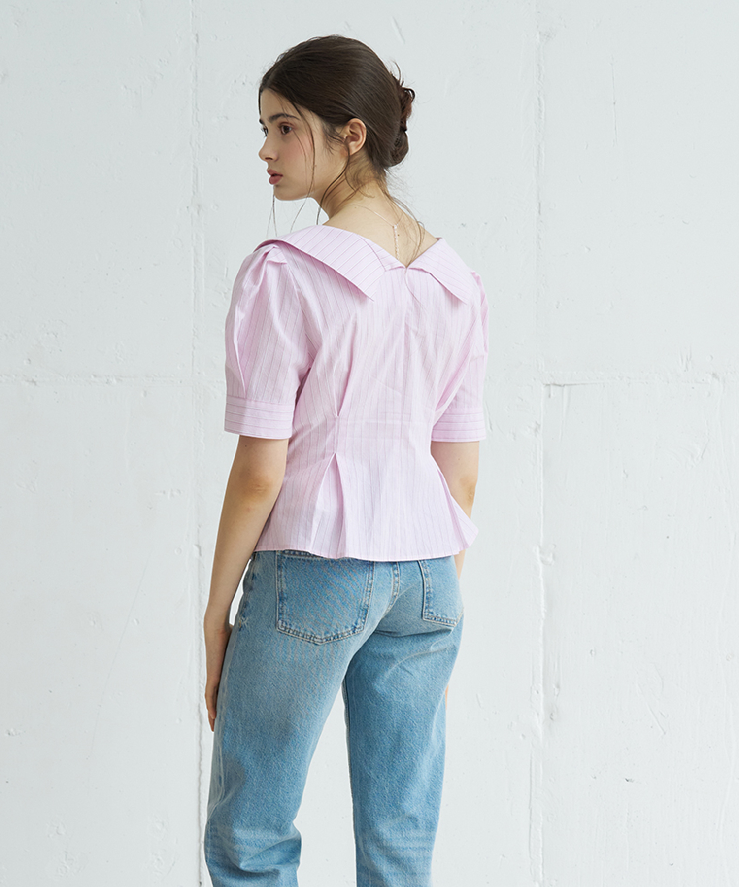 벰버 PUFF SLEEVE STRIPE COLLAR WRAP BLOUSE_PINK