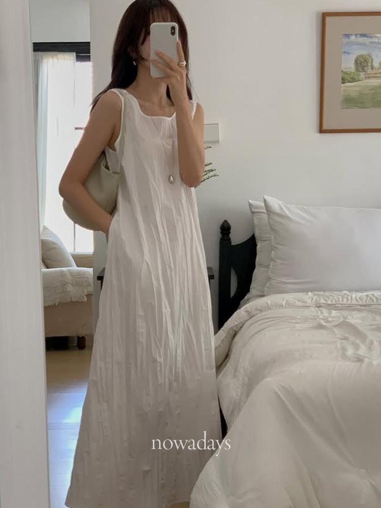 나우어데이즈 miel 미엘 크리즈 원피스 썸머 코튼 슬리브리스 브이넥 A라인 나시 롱 ops (2col)