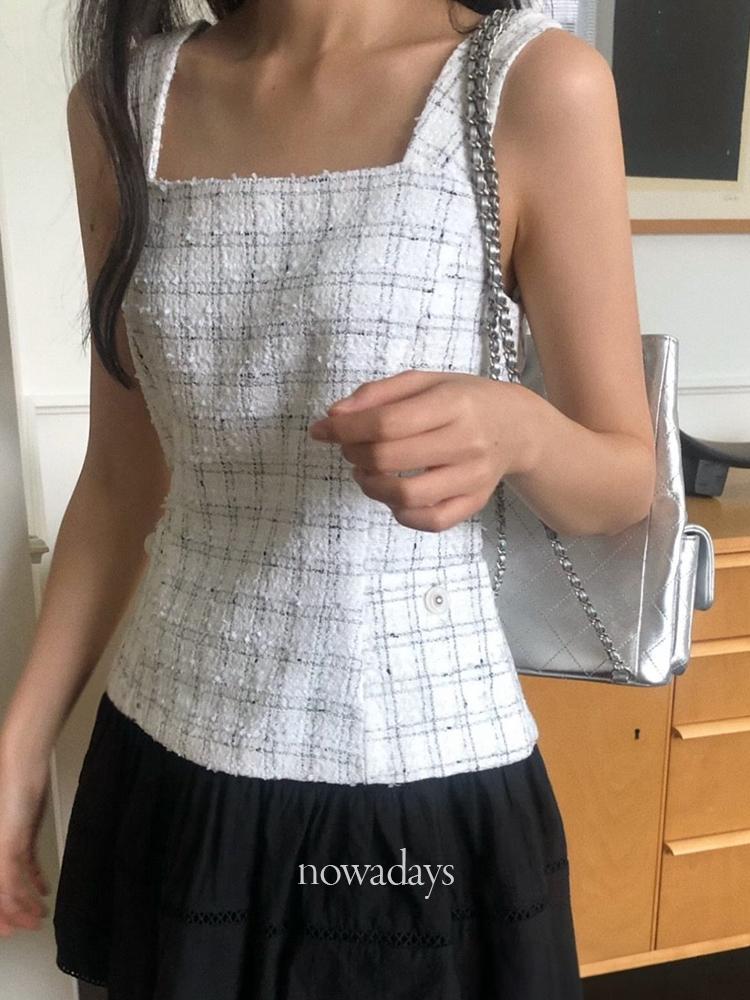 나우어데이즈 forest 포레스트 리옹 트위드 탑 체크 썸머 스퀘어넥 민소매 나시 블라우스 (2col)