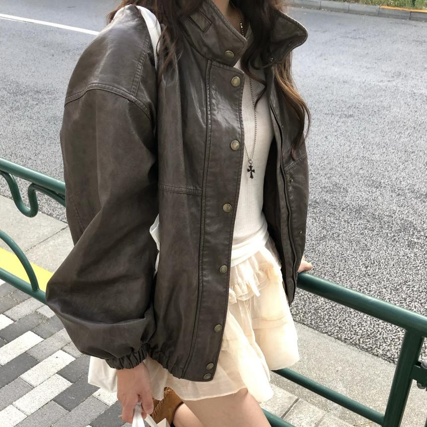 릴썸 베지터블 러스턴 레더 자켓 페이크레더 가죽 하이넥 집업 jk 2col vegetable